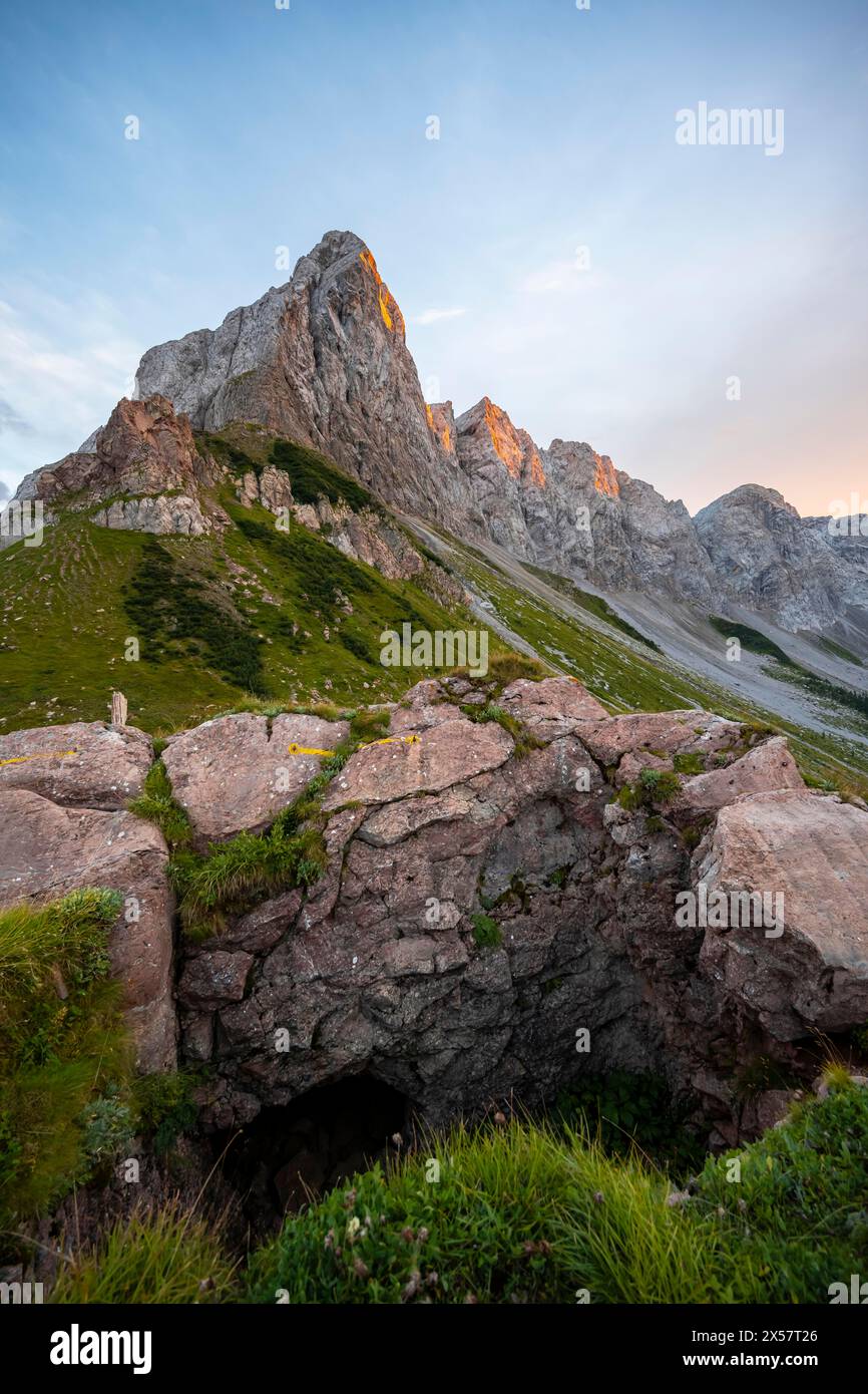 Alpenglow at Seekopf or Monte Capolago, old war tunnels and tunnels on ...