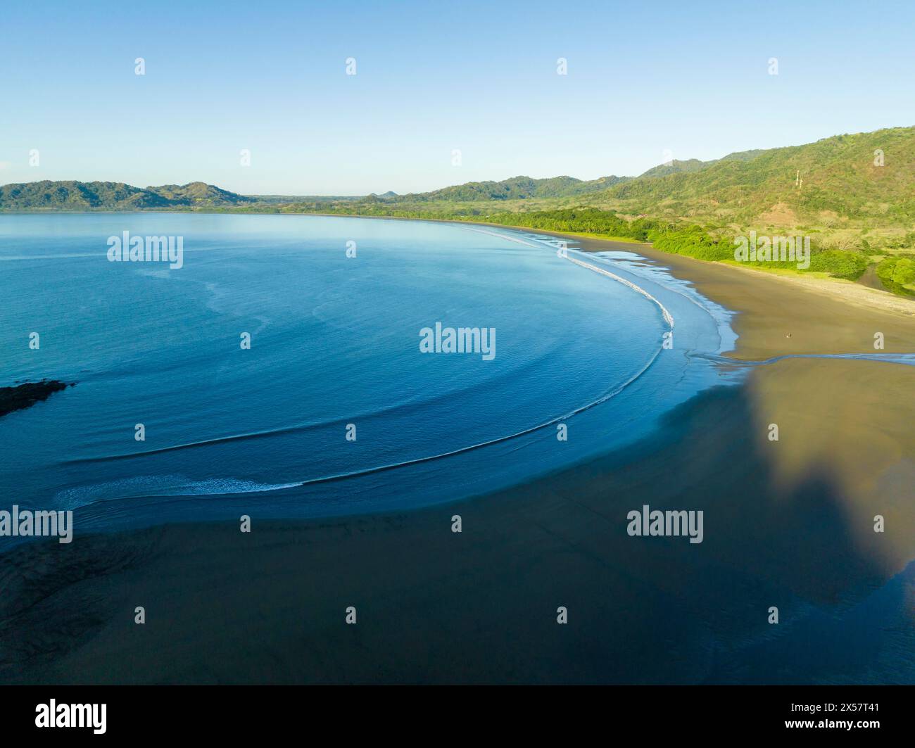 Aerial view of a quiet coastline with forest and beach next to a clear ...