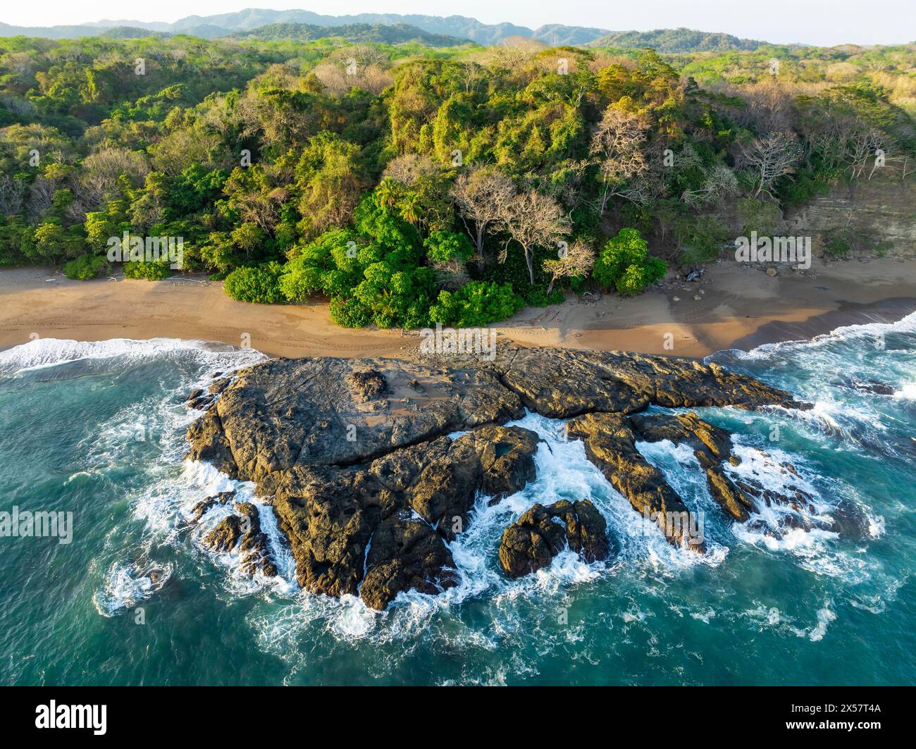 Aerial view, rainforest, sandy beach and coast with waves, Playa ...