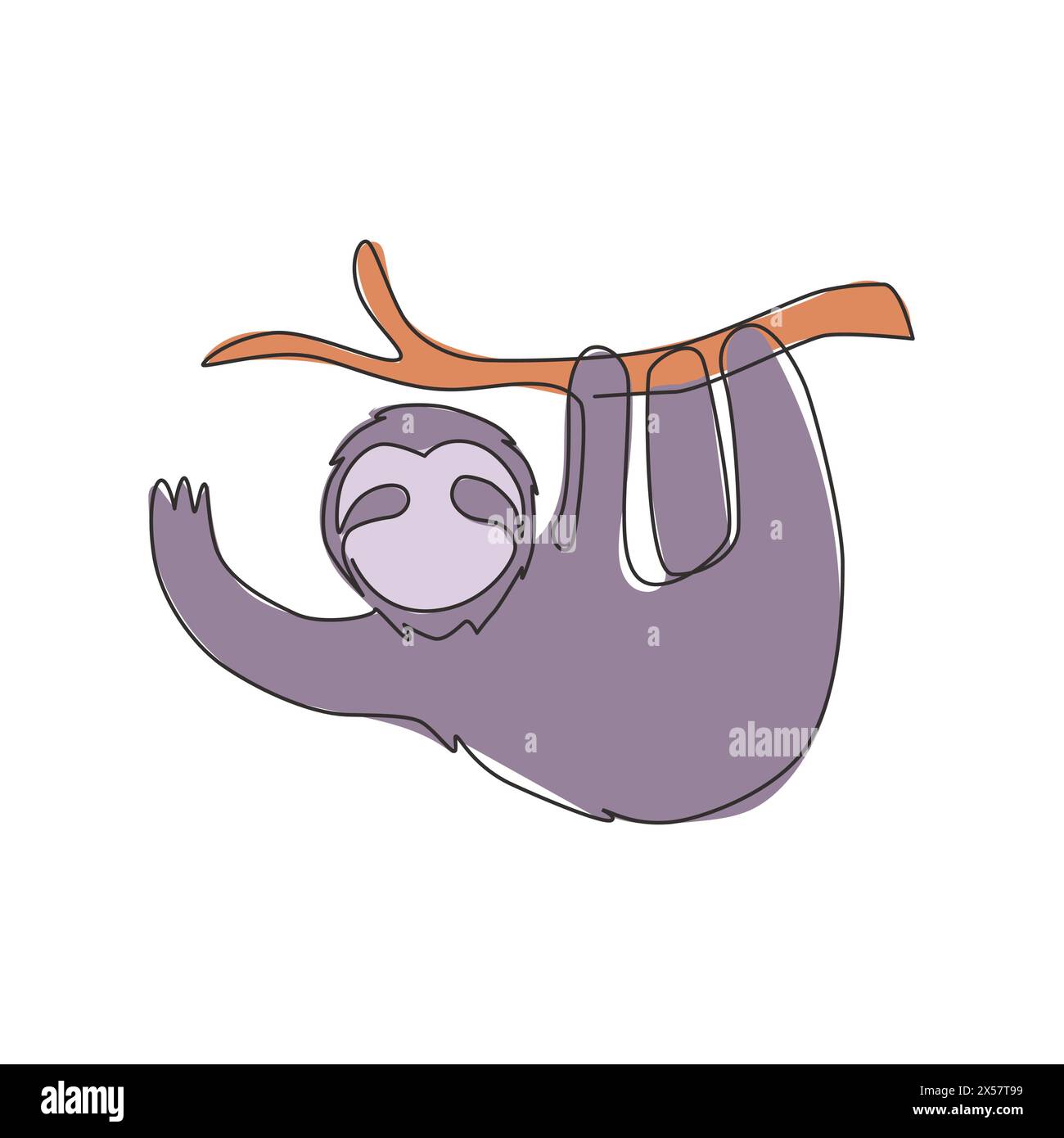 One single line drawing of lovely adorable sloth hanging and waving ...