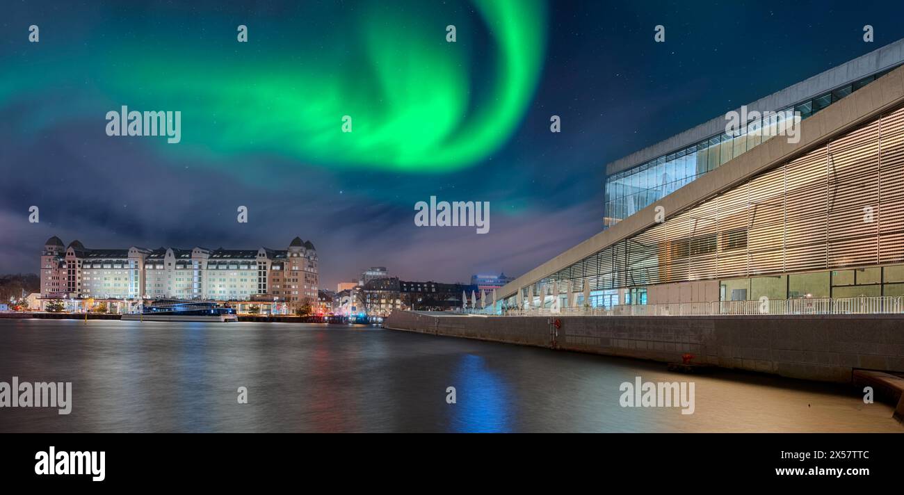 Opera and historic warehouse night Northern Lights Oslo Norway Stock ...