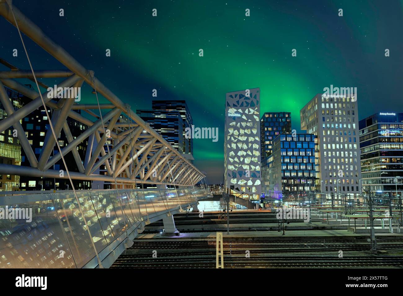 Barcode neighbourhood with acrobats pedestrian bridge night Northern ...