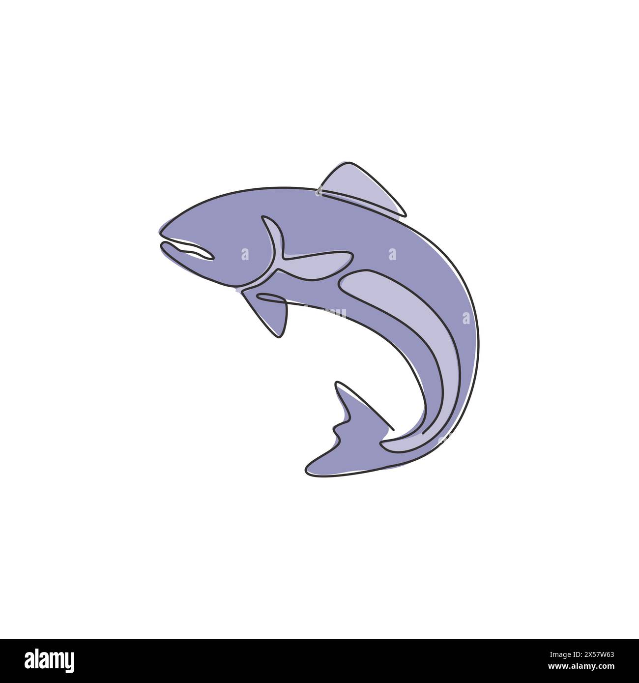 One single line drawing of big salmon for logo identity. Large lake ...