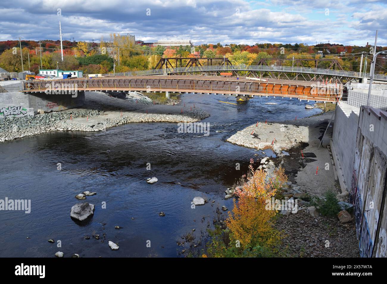 SHERBROOKE, QUEBEC, CANADA - October 10, 2022 Bridge construction over Magog river. Pont des ...