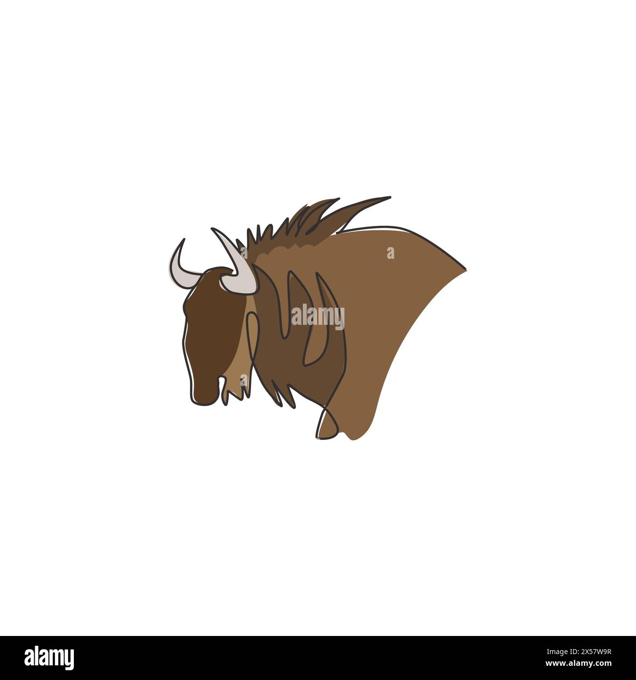 One continuous line drawing of stout wildebeest head for company logo ...