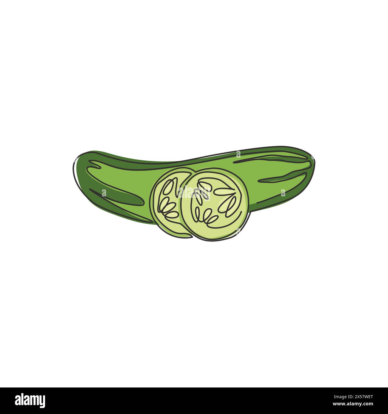 One single line drawing whole and sliced healthy organic cucumber for ...
