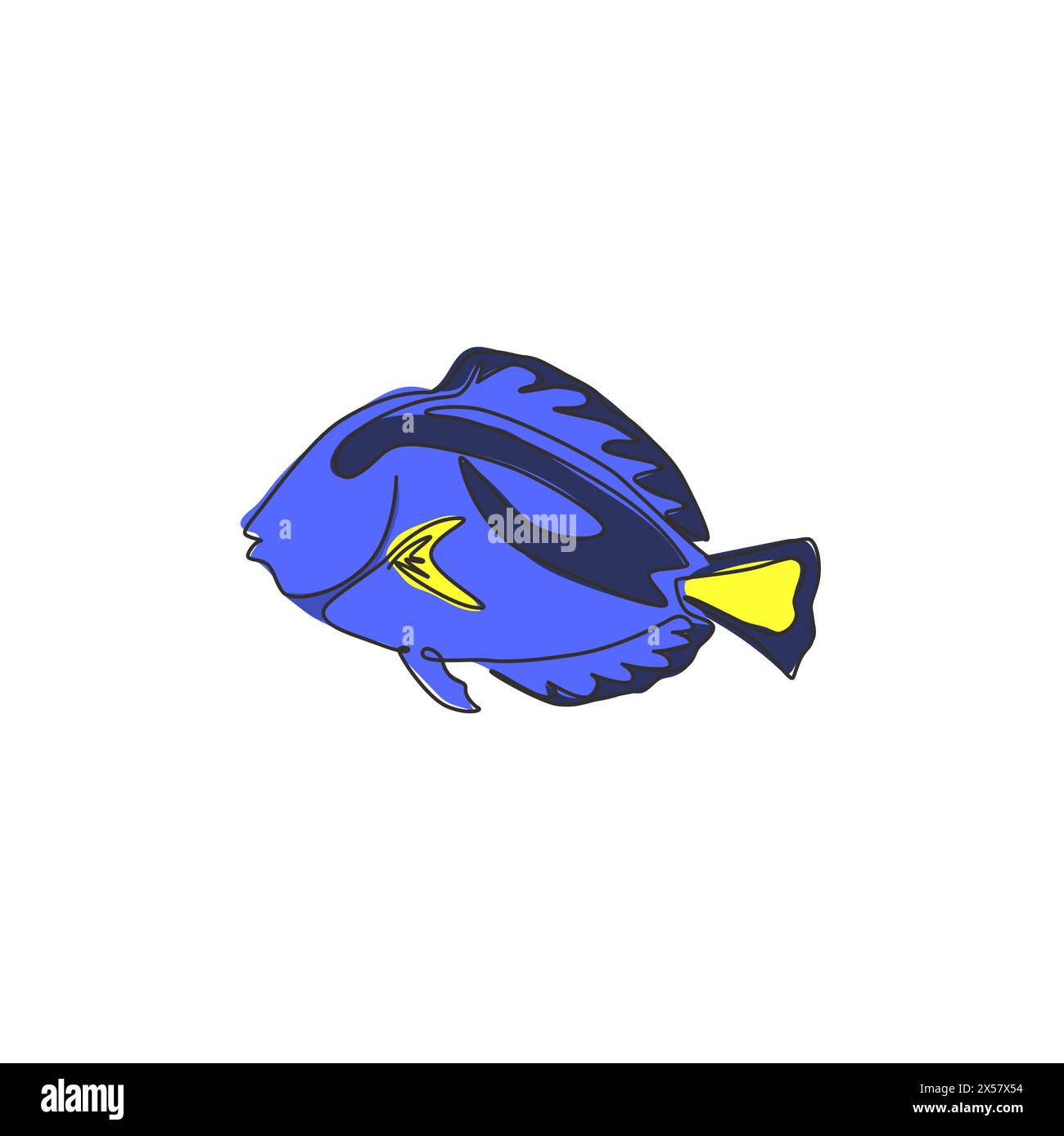 Single continuous line drawing of adorable blue tang fish for marine ...