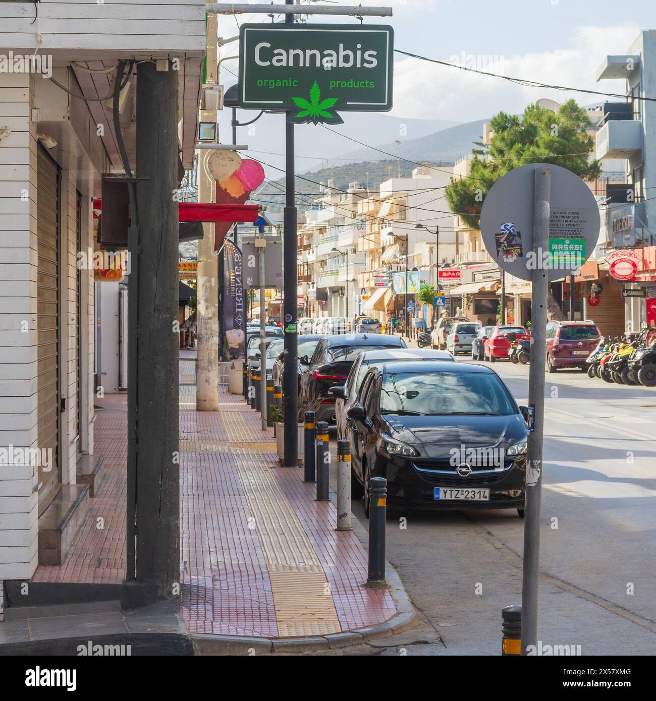 Cannabis shop sign by the main street in Hersonisssos Crete Greece ...