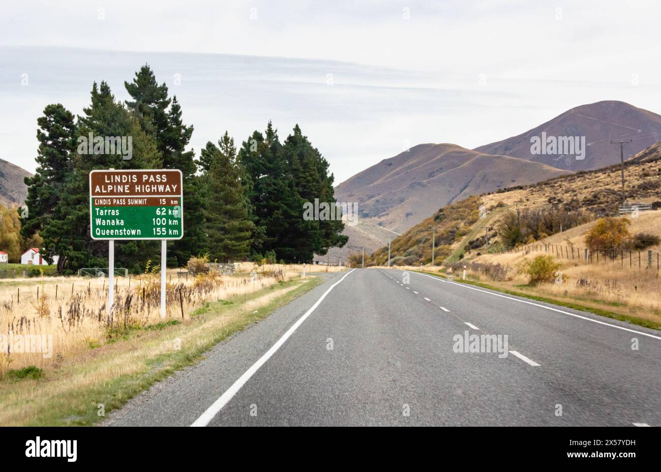 Road Sign for the Lindis Pass Alphine Highway, State Highway 8, on the ...