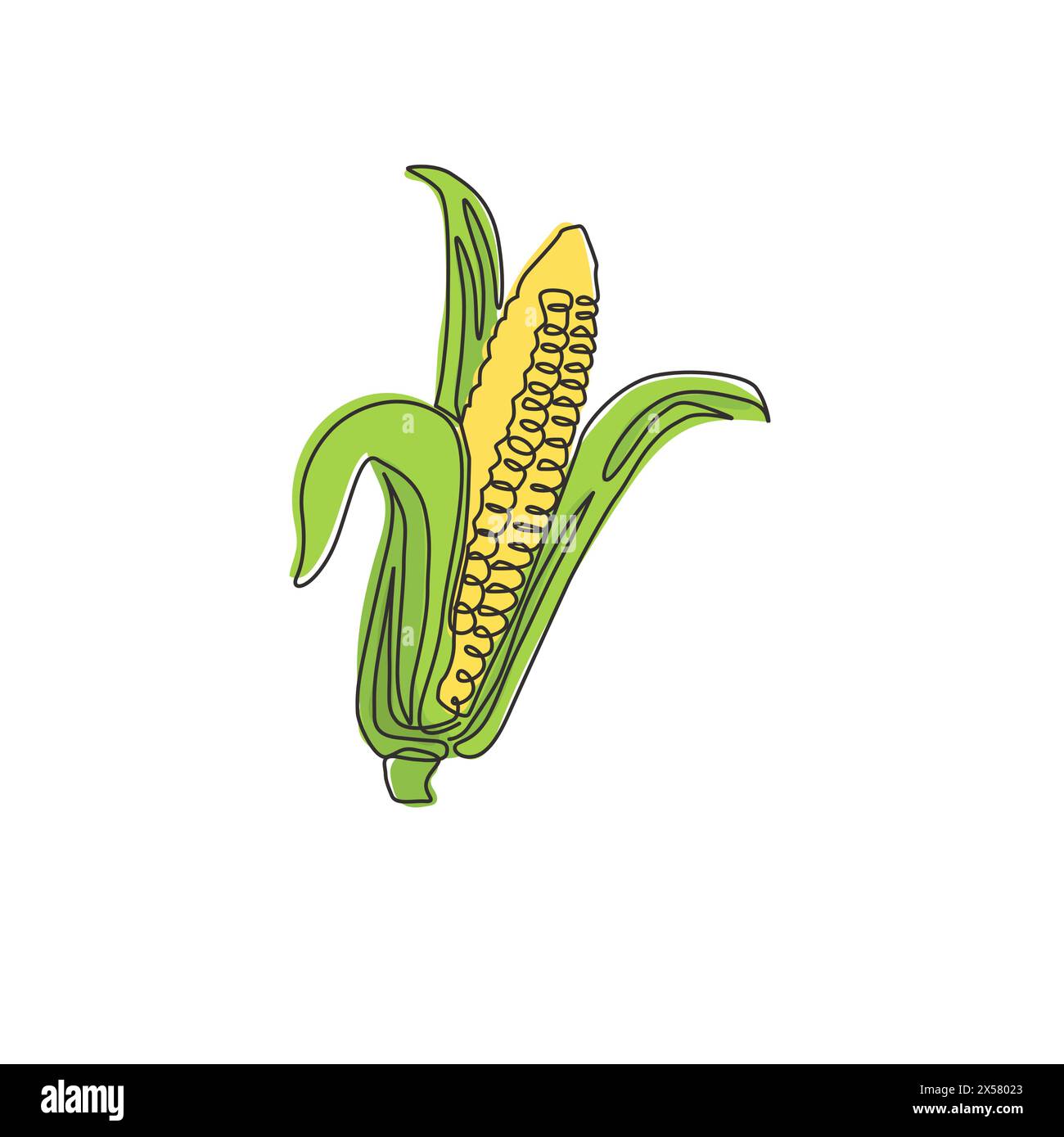 One continuous line drawing of whole healthy organic corn crop for farm logo identity. Fresh ...
