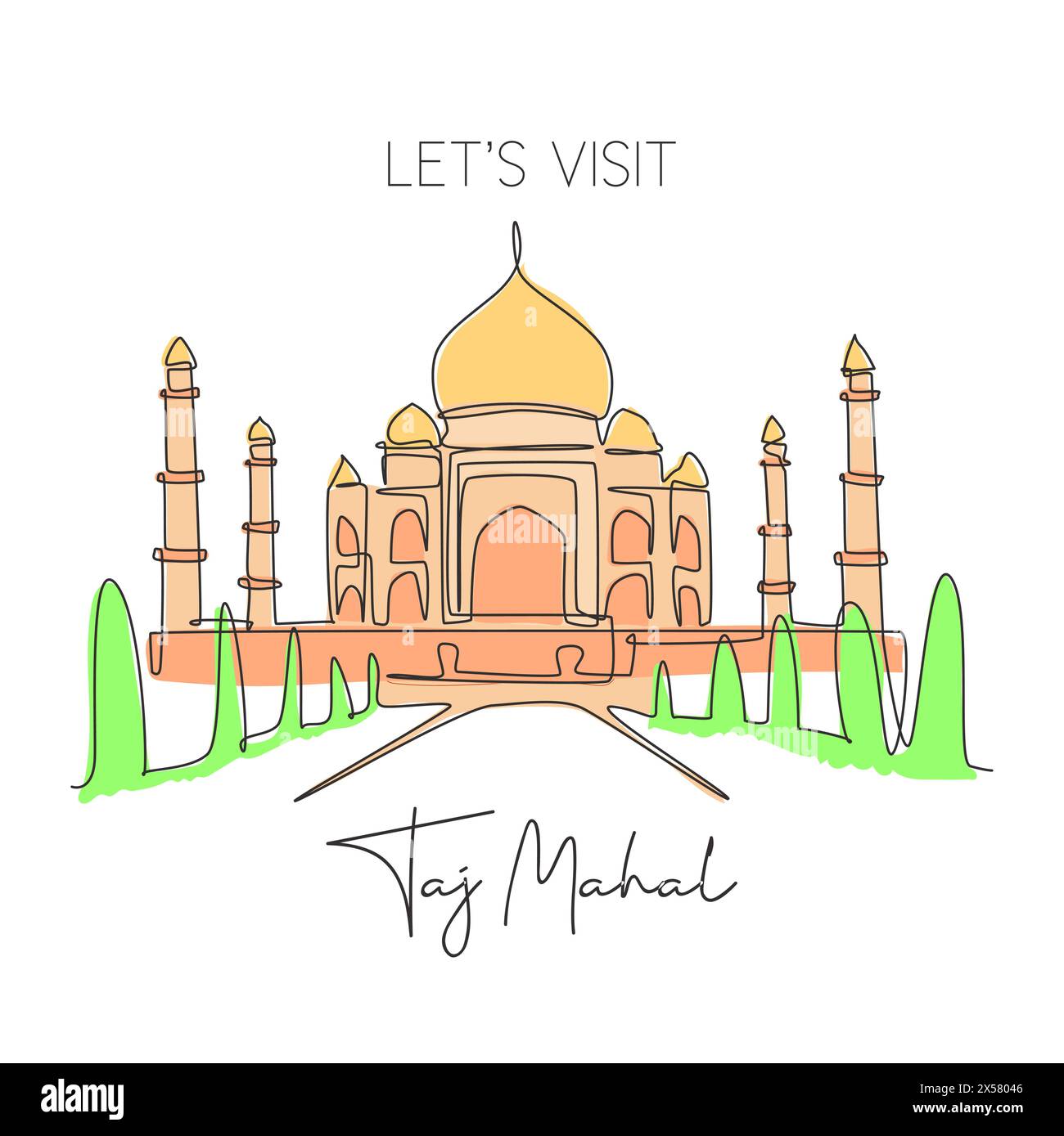 One single line drawing Taj Mahal mosque landmark. World iconic place ...
