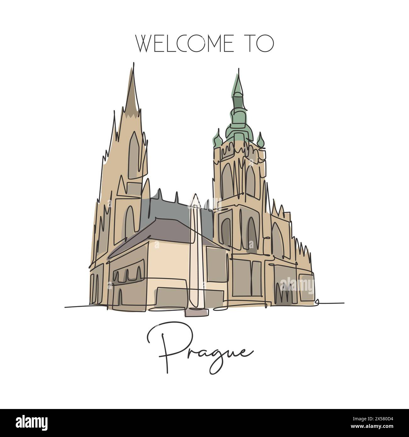 Single continuous line drawing Prague Castle landmark. Ancient castle ...