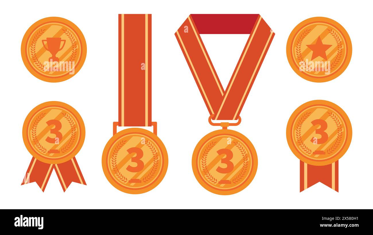 A set of bronze medals with red ribbons for third place winners Stock ...