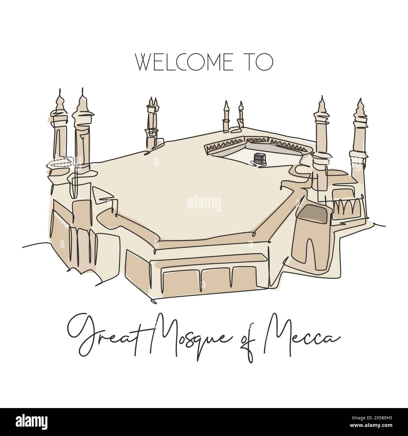 One continuous line drawing great mosque of masjid al haram landmark. Famous place in Mecca ...