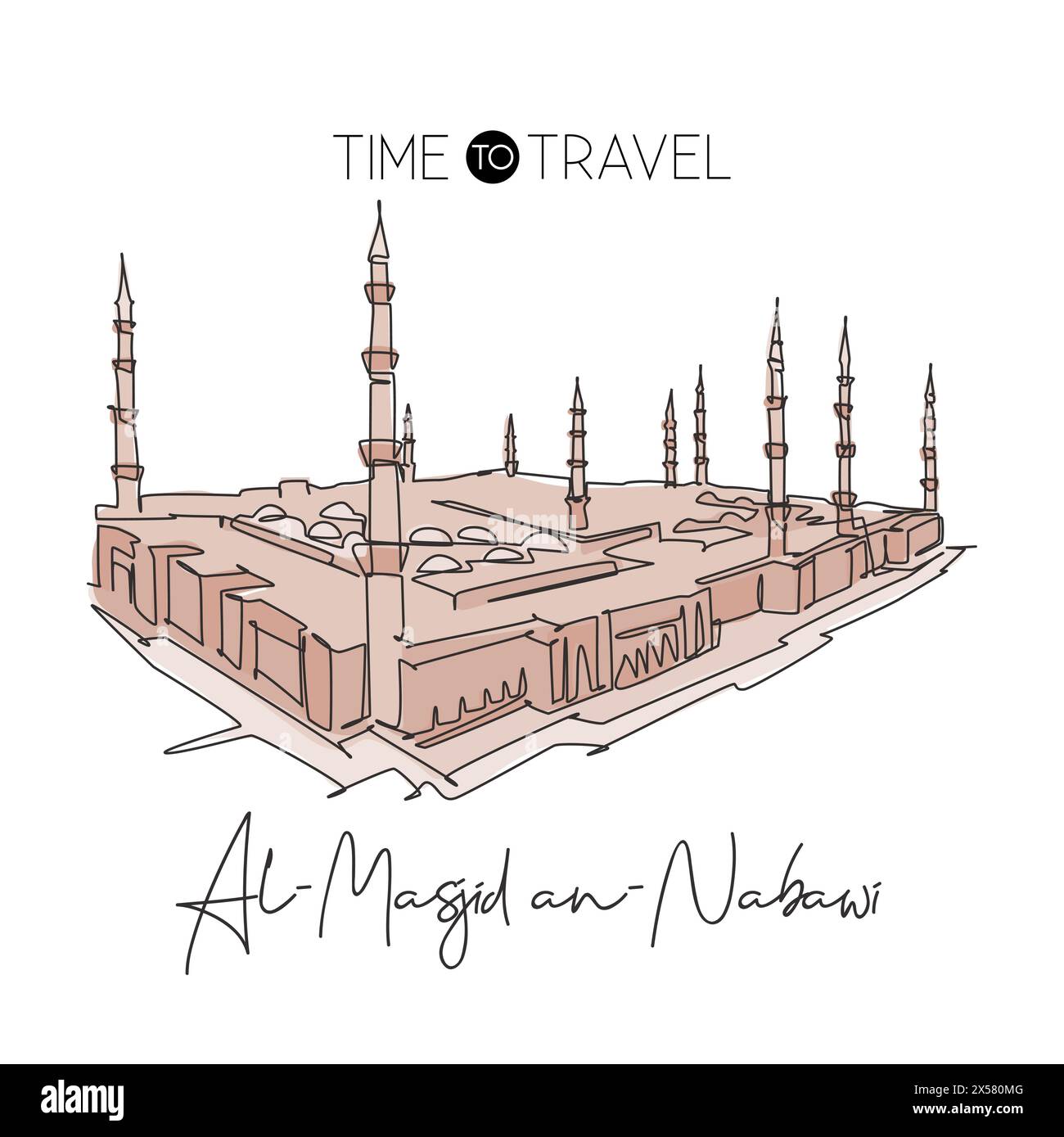 One continuous line drawing Masjidil An Nabawi landmark. Holy masjid at ...