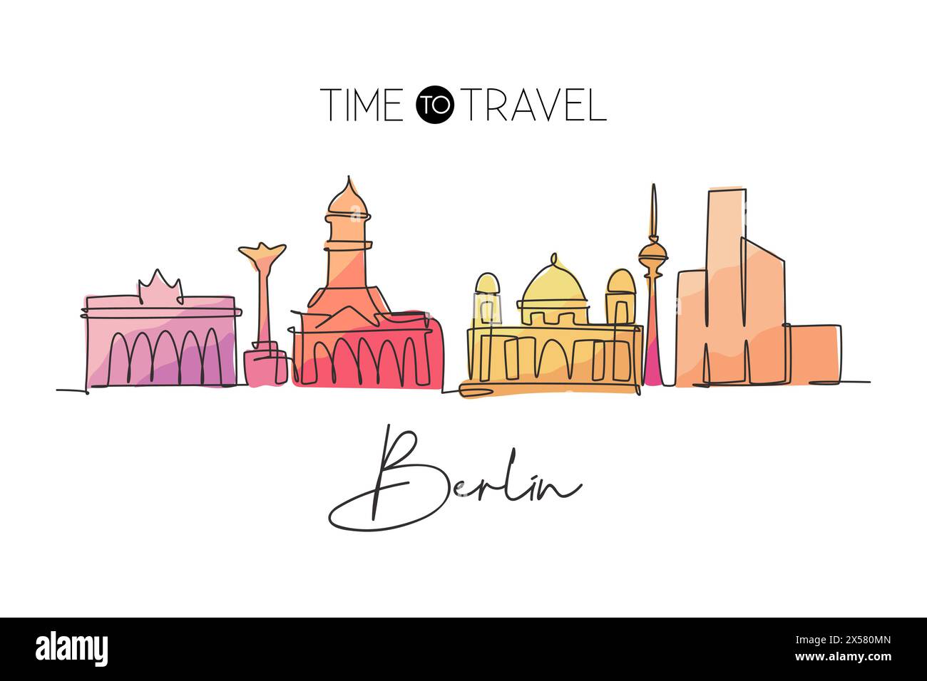 Single continuous line drawing of Berlin city skyline. Famous city ...