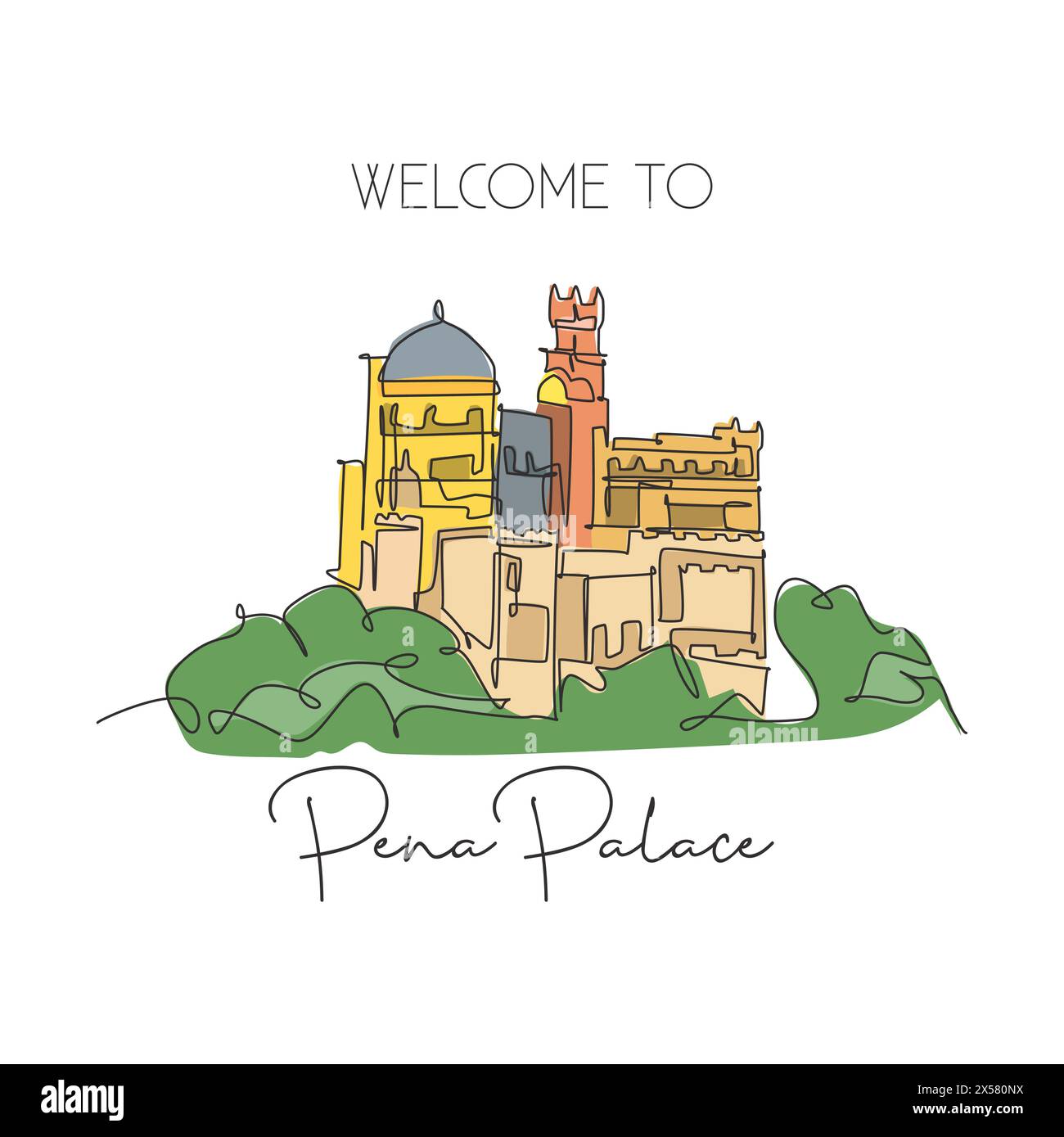 One single line drawing Pena Palace landmark. World famous iconic ...