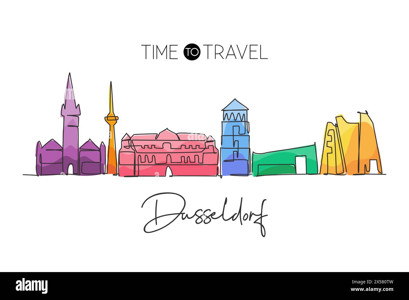 One continuous line drawing of Dusseldorf city skyline, Germany ...