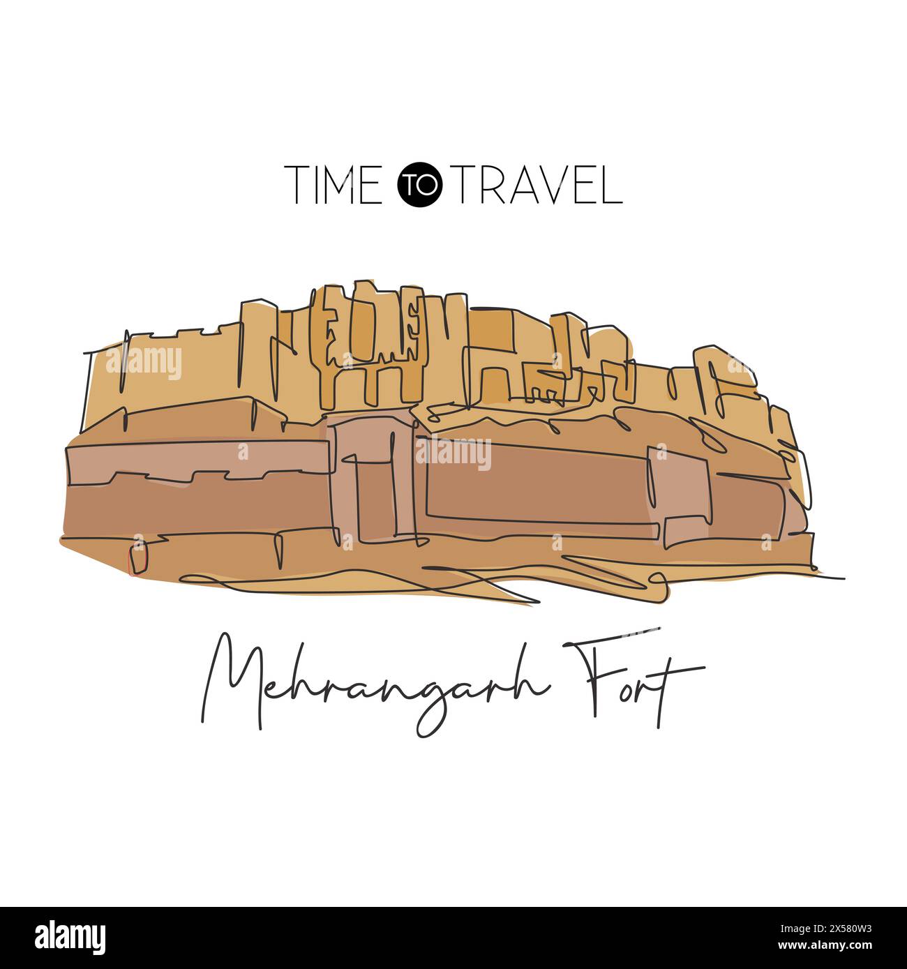 One single line drawing Mehrangarh Fort landmark. Famous historic place ...