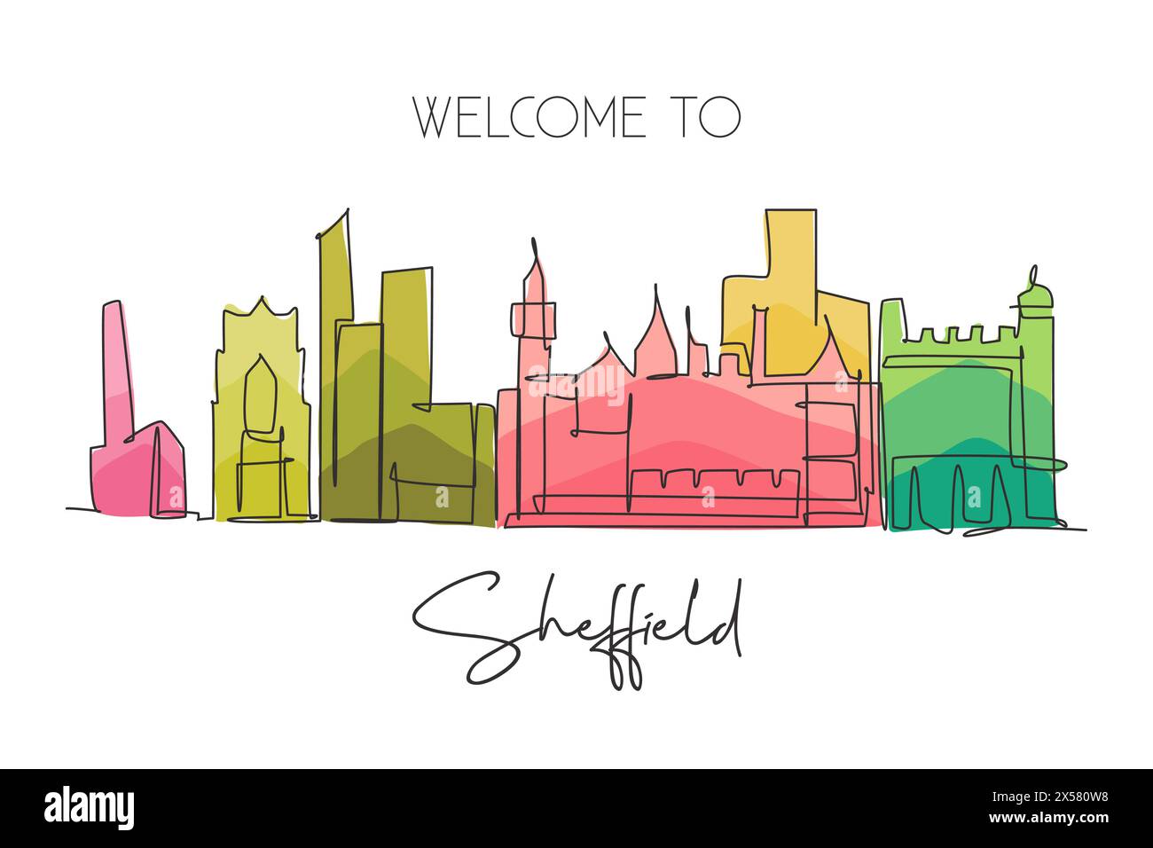 Single continuous line drawing Sheffield city skyline. Famous city ...