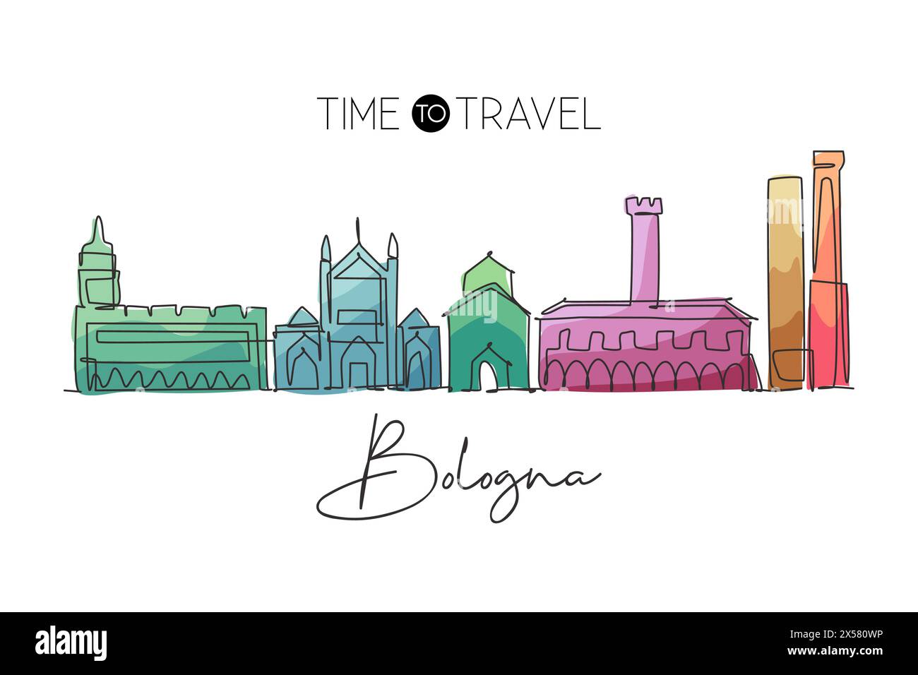 One single line drawing of Bologna city skyline, Italy. Historical ...