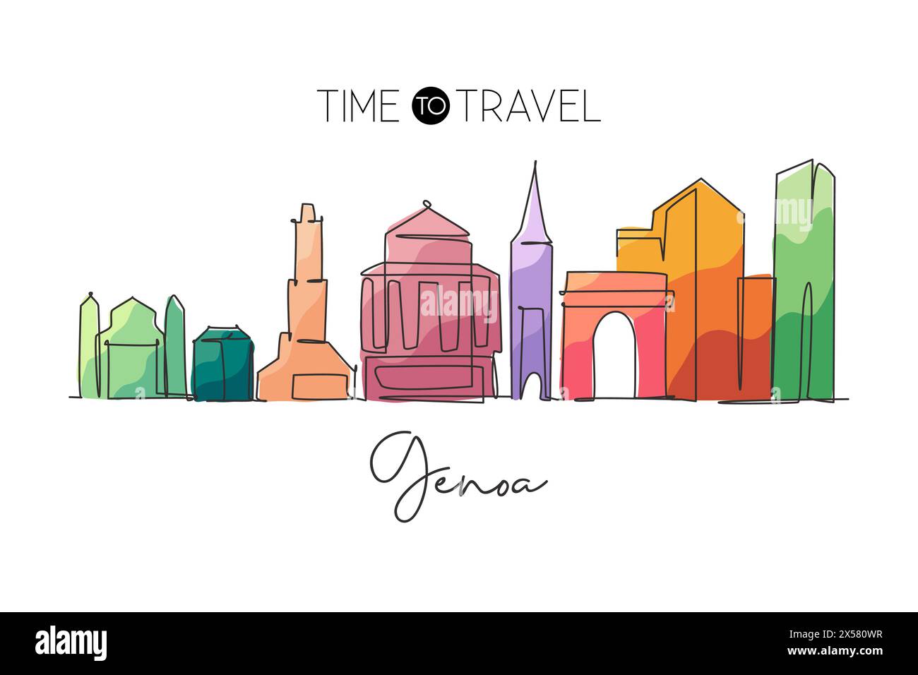 One single line drawing of Genoa city skyline, Italy. Historical skyscraper landscape in world ...