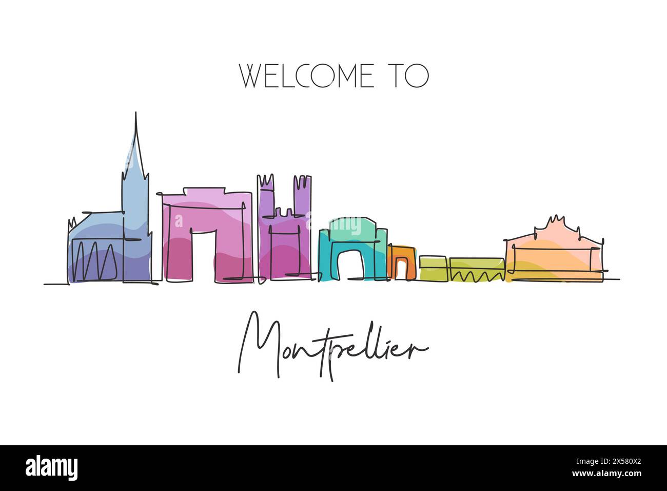 Single continuous line drawing of Montpellier city skyline, France ...