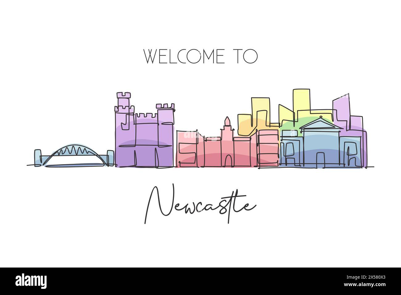 One continuous line drawing of Newcastle city skyline. Beautiful city ...