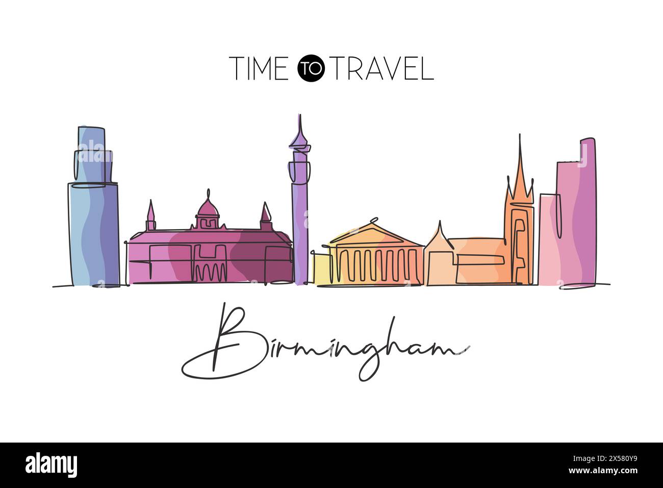 Single continuous line drawing of Birmingham city skyline. Famous city ...