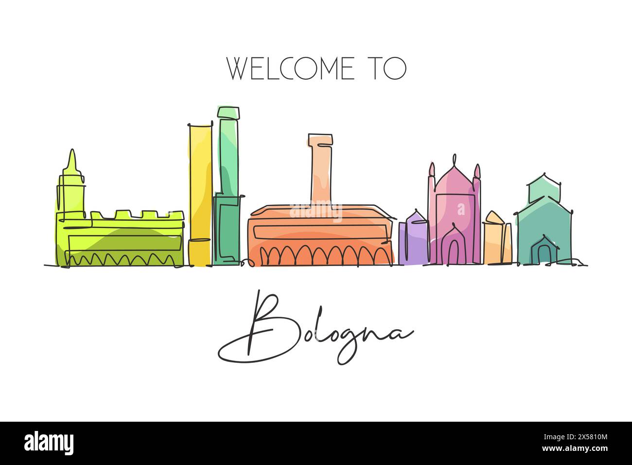 One continuous line drawing of Bologna city skyline, Italy. Beautiful ...