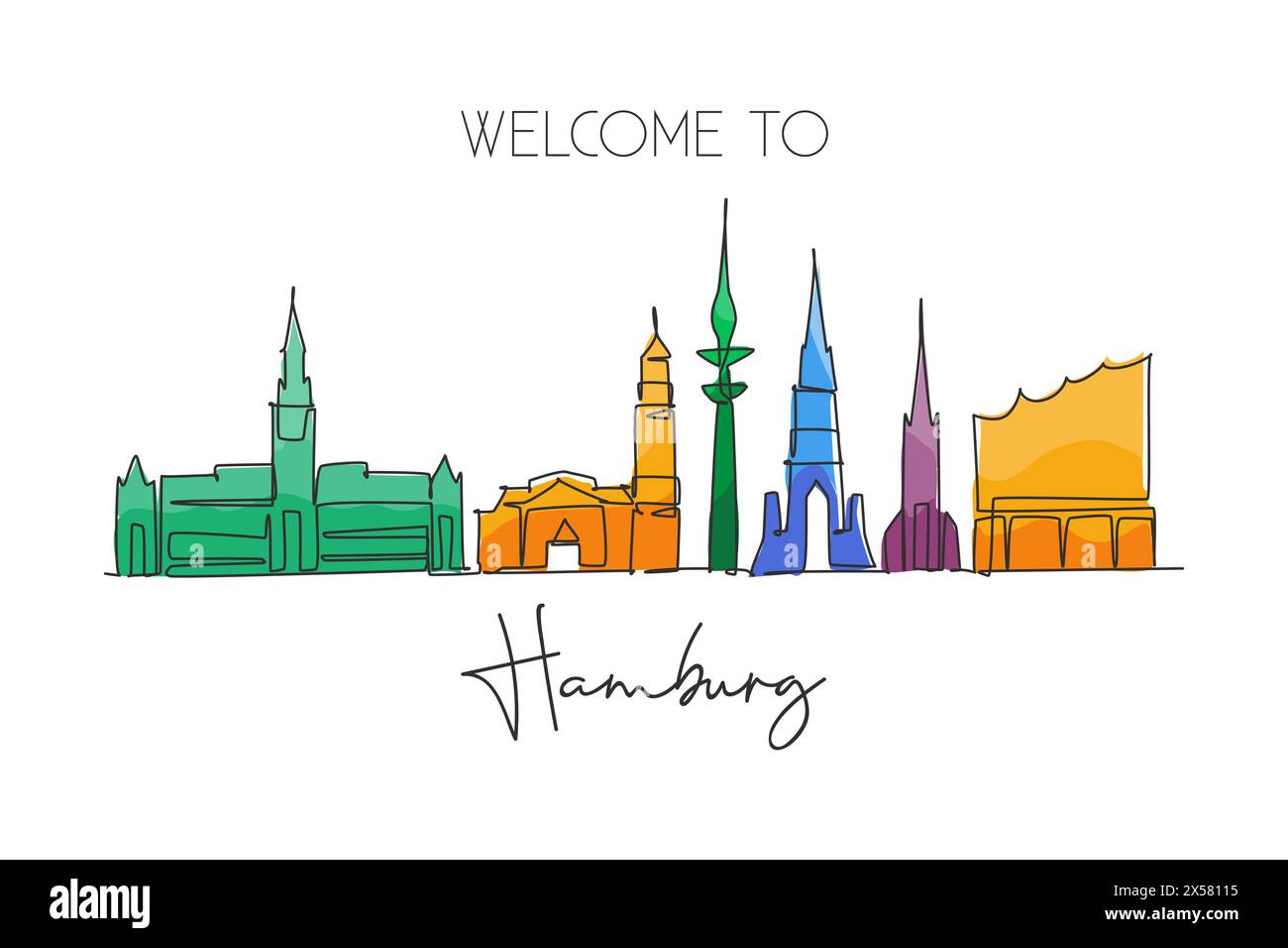 One continuous line drawing of Hamburg city skyline, Germany. Beautiful ...