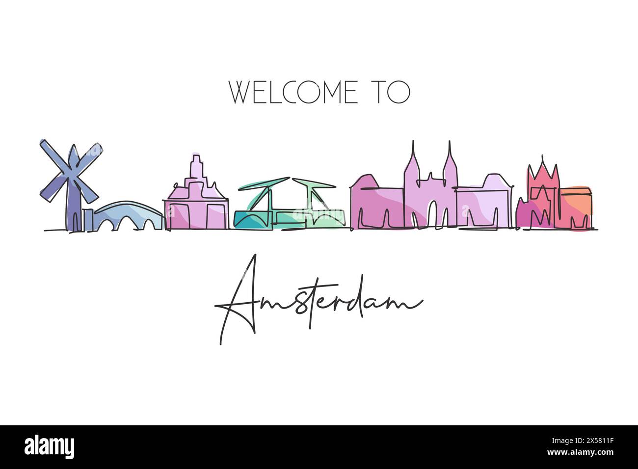 Single continuous line drawing of Amsterdam city skyline, Netherlands ...