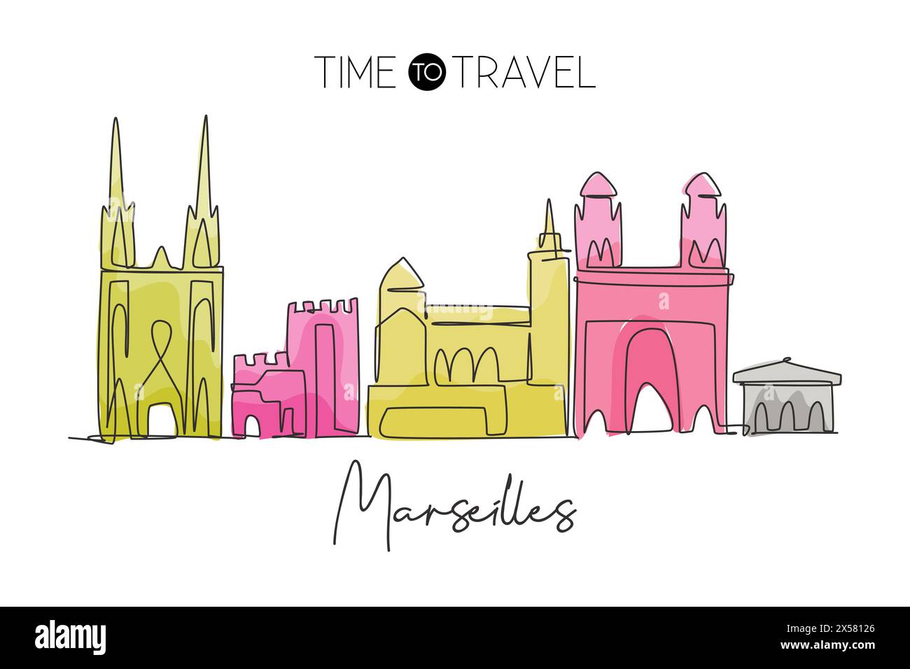 Single continuous line drawing of Marseilles city skyline, France ...