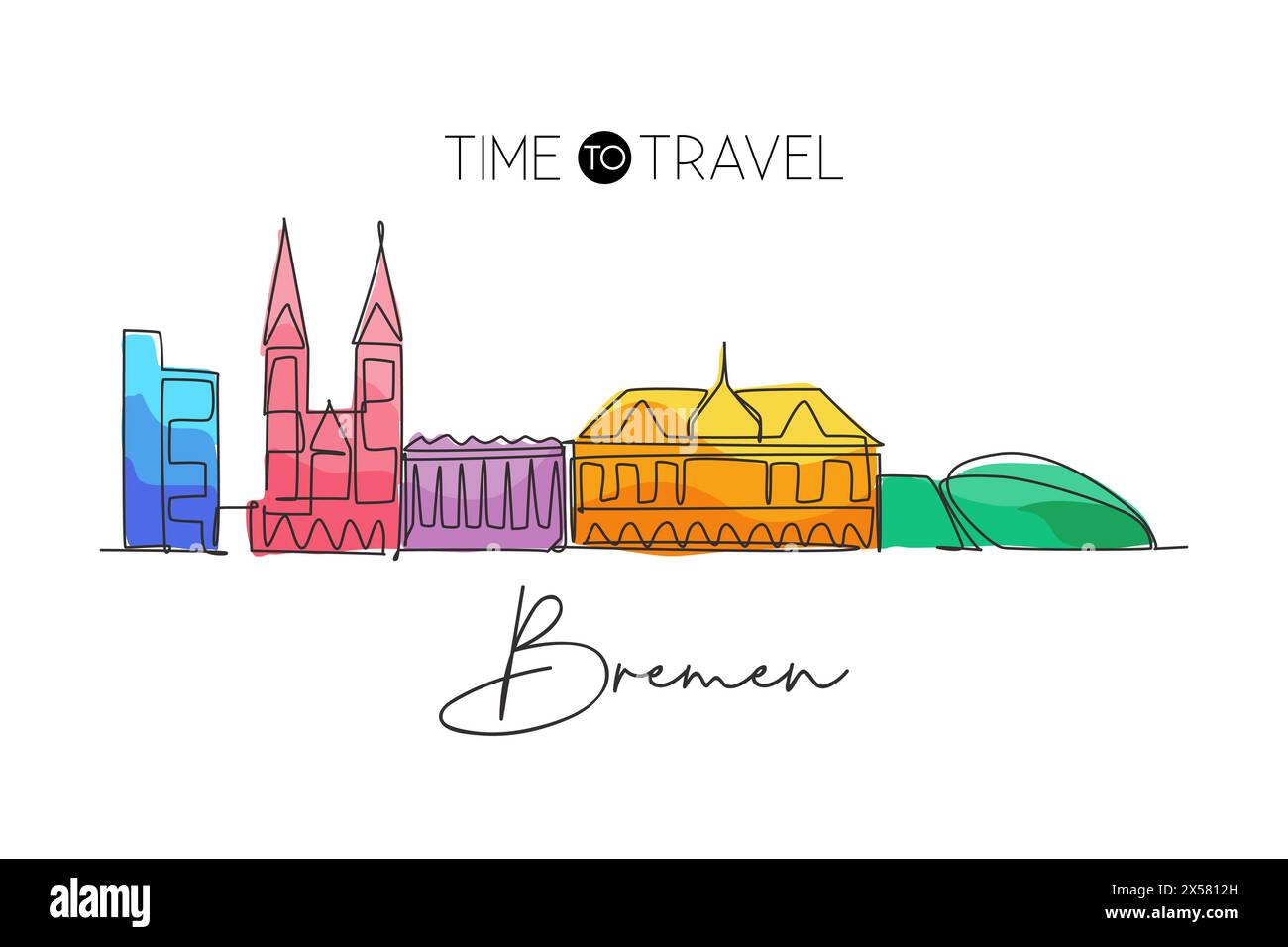 One single line drawing Bremen city skyline, Germany. Historical ...