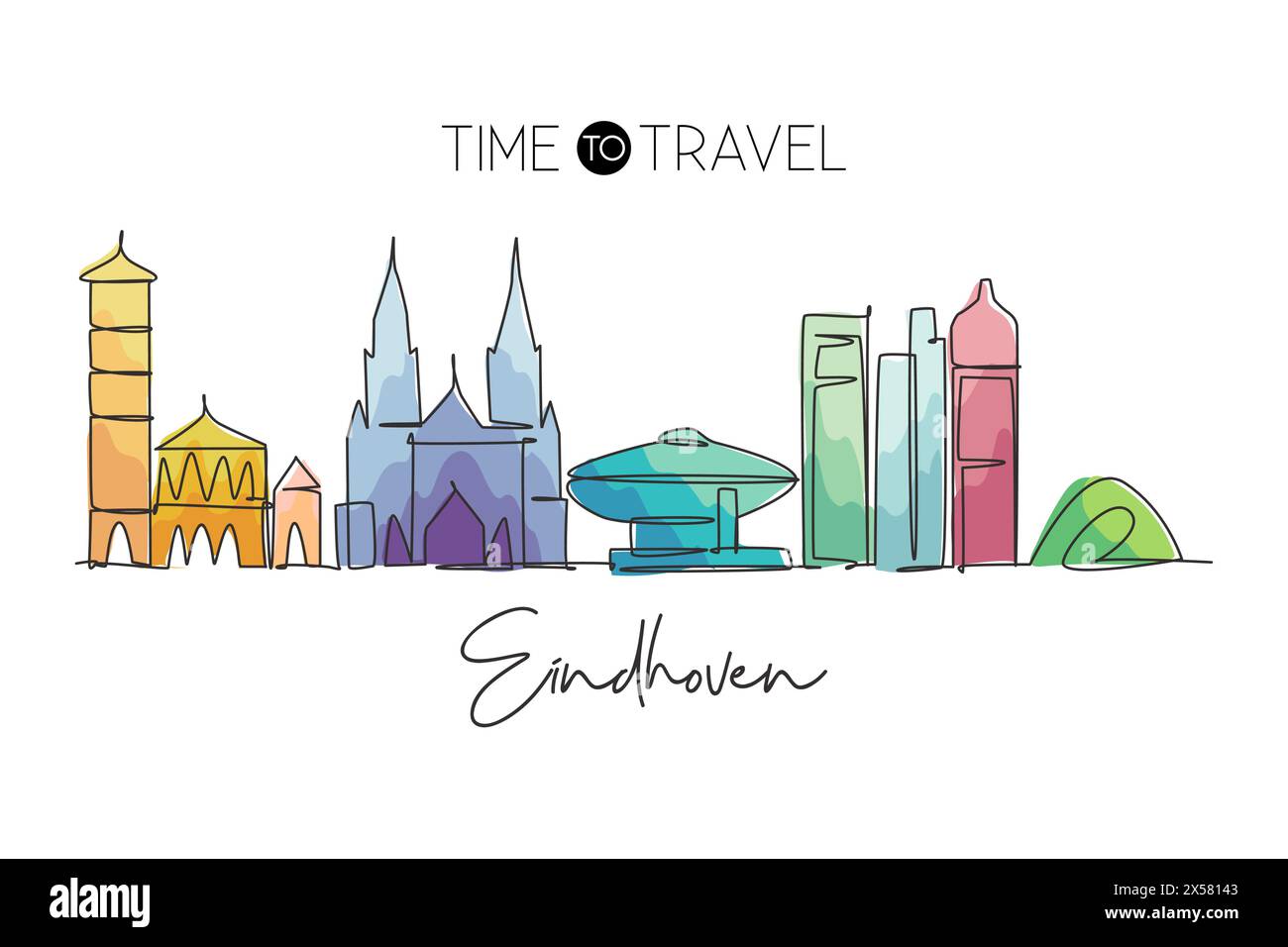 One single line drawing of Eindhoven city skyline, Netherlands ...