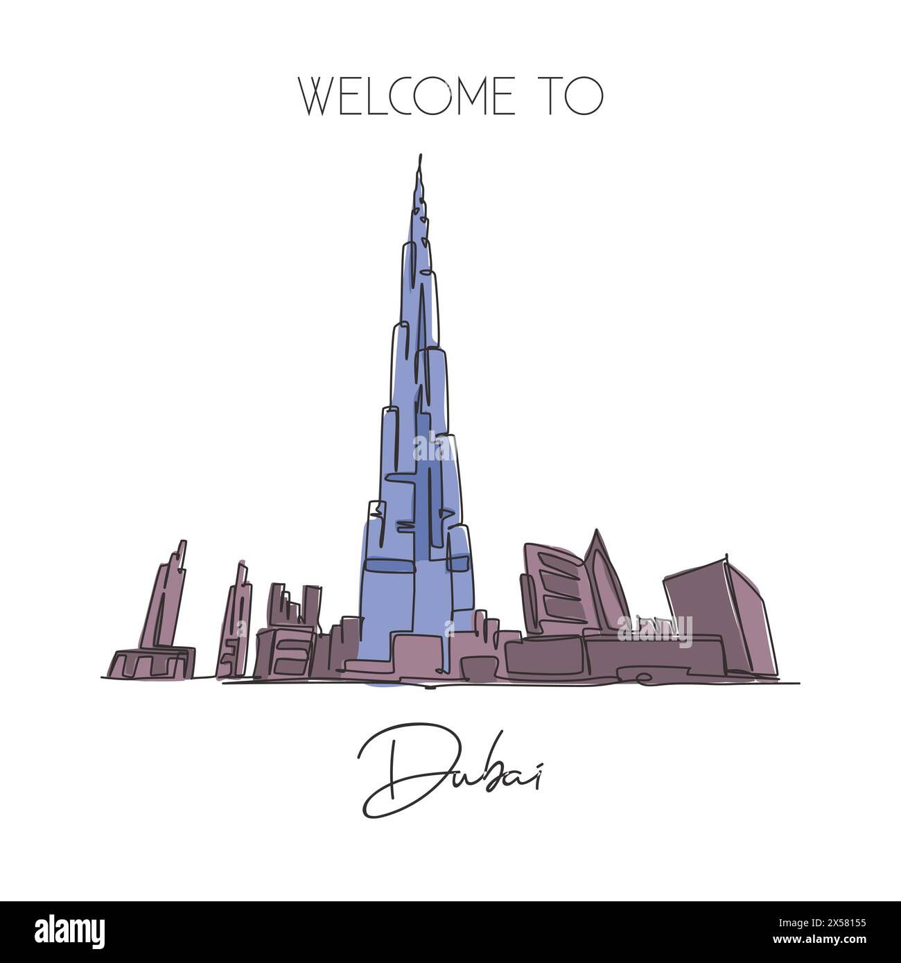 One continuous line drawing Burj Khalifa Tower landmark. World iconic ...