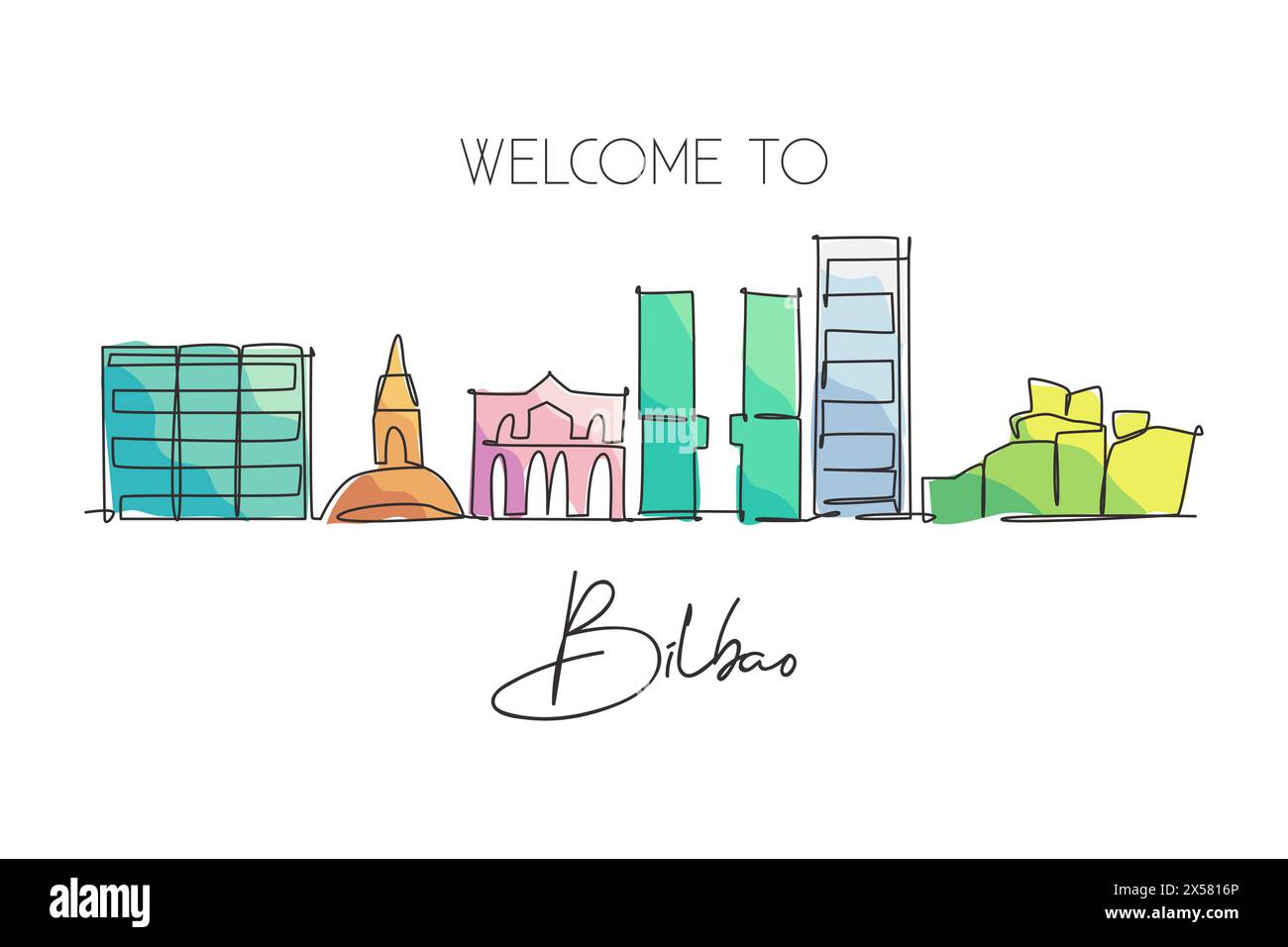 Single continuous line drawing of Bilbao city skyline, France. Famous ...