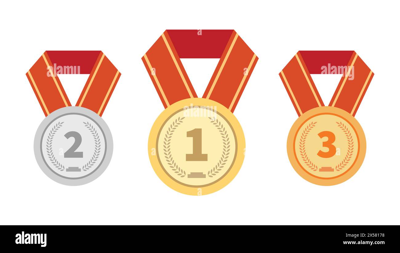 Set of medals tied with red ribbons, gold, silver and bronze medals ...