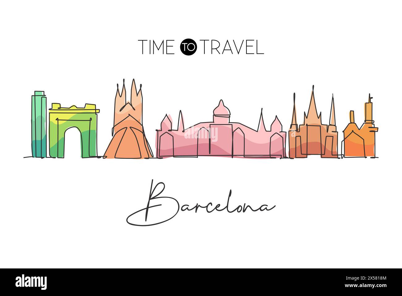 Single continuous line drawing of Barcelona city skyline, Spain. Famous ...