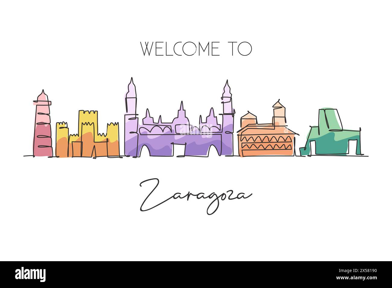 One continuous line drawing Zaragoza city skyline Spain. Beautiful ...