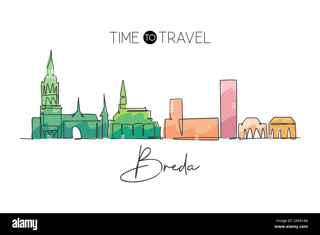 One continuous line drawing of Breda city skyline, Netherlands ...