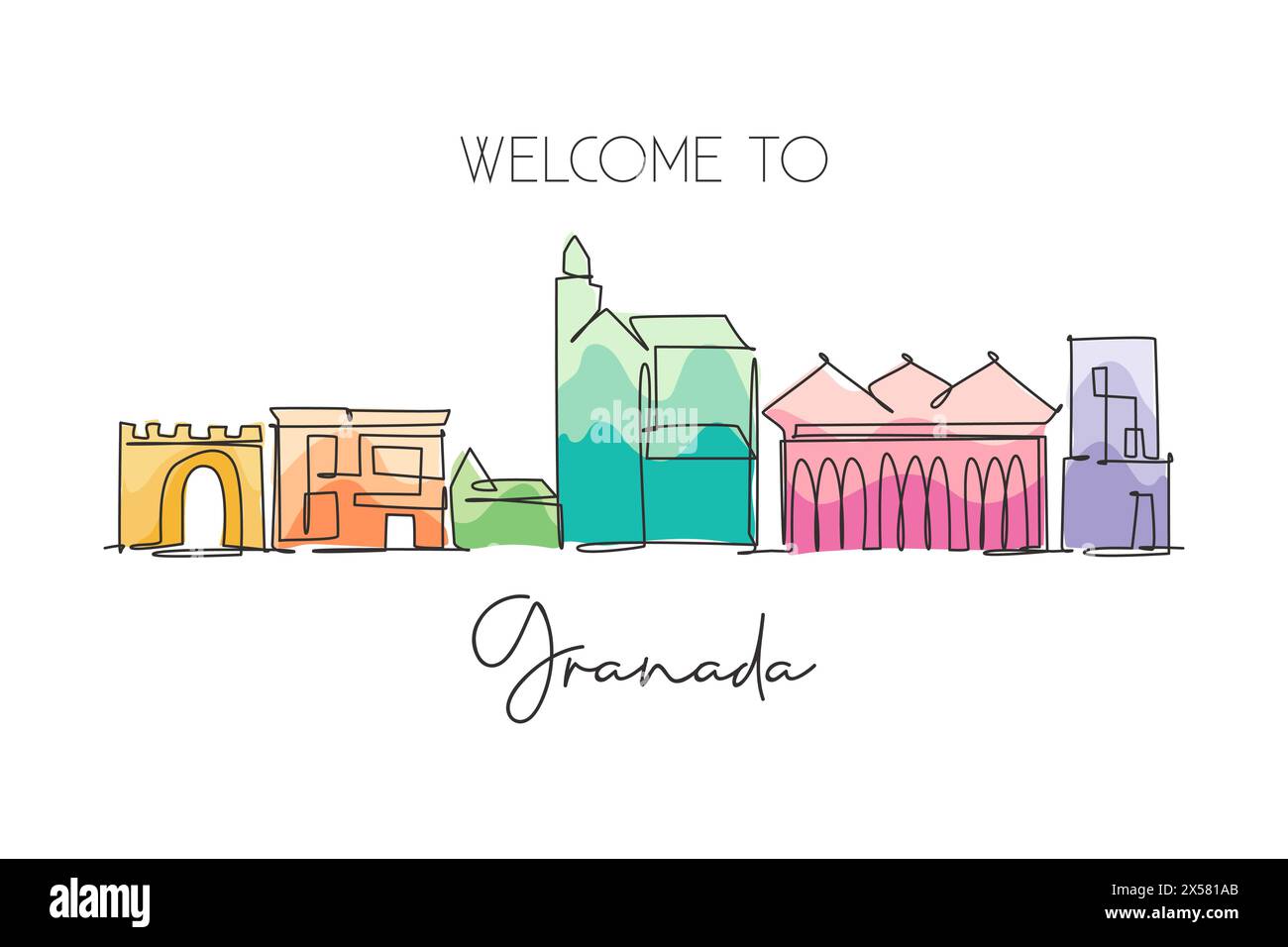 One continuous line drawing of Granada city skyline, Spain. Beautiful ...