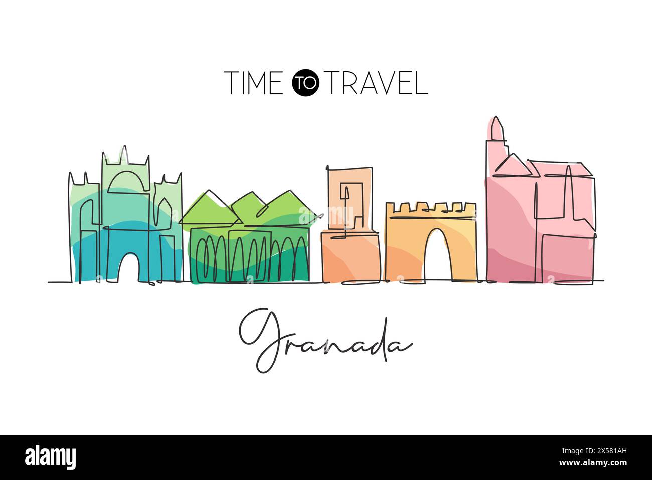One single line drawing of Granada city skyline, Spain. Historical ...