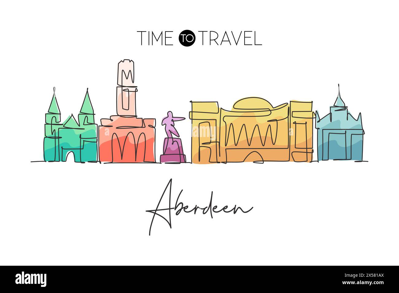 Single continuous line drawing of Aberdeen city skyline, Scotland ...