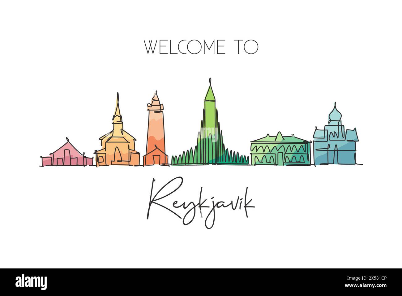 One single line drawing of Reykjavik city skyline, Iceland. Historical ...