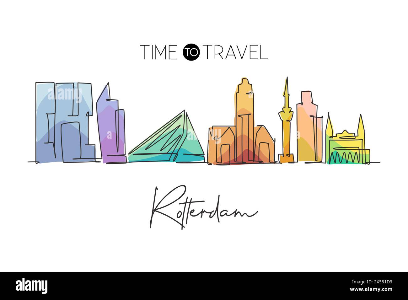 One continuous line drawing of Rotterdam city skyline, Netherlands ...