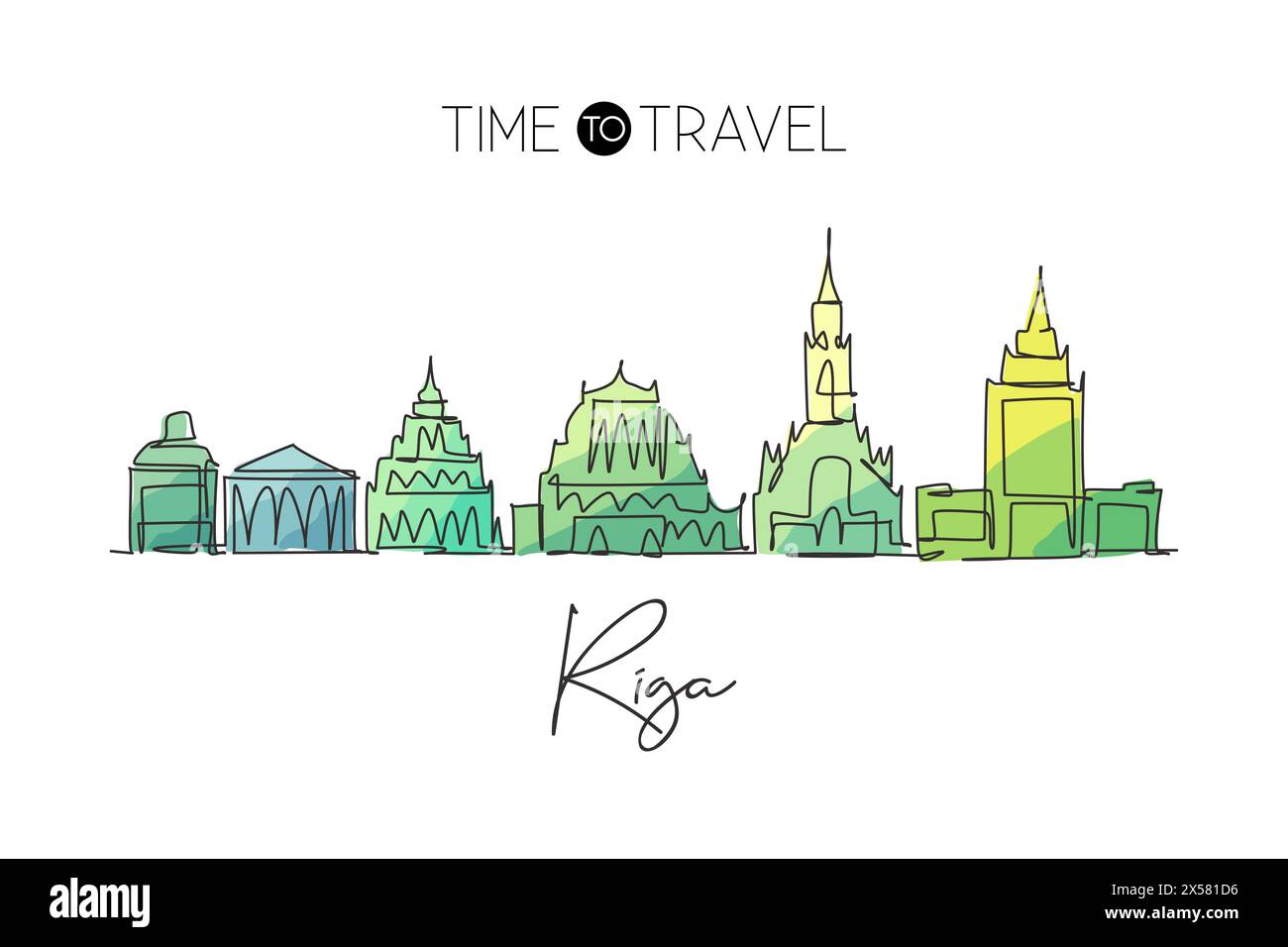 Single continuous line drawing of Riga city skyline, Latvia. Famous ...