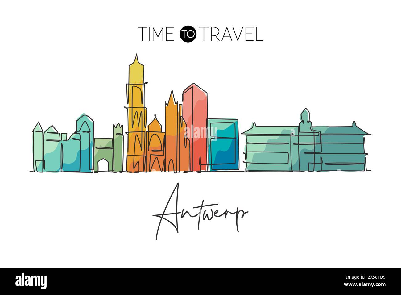 One continuous line drawing of Antwerp city skyline, Belgium. Beautiful ...