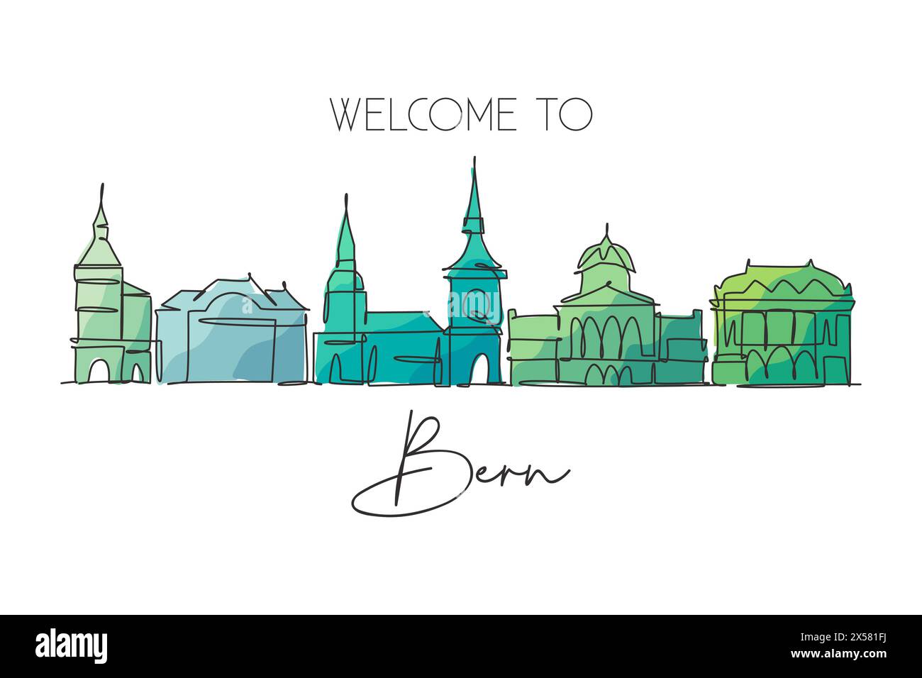 One continuous line drawing of Bern city skyline, Switzerland ...
