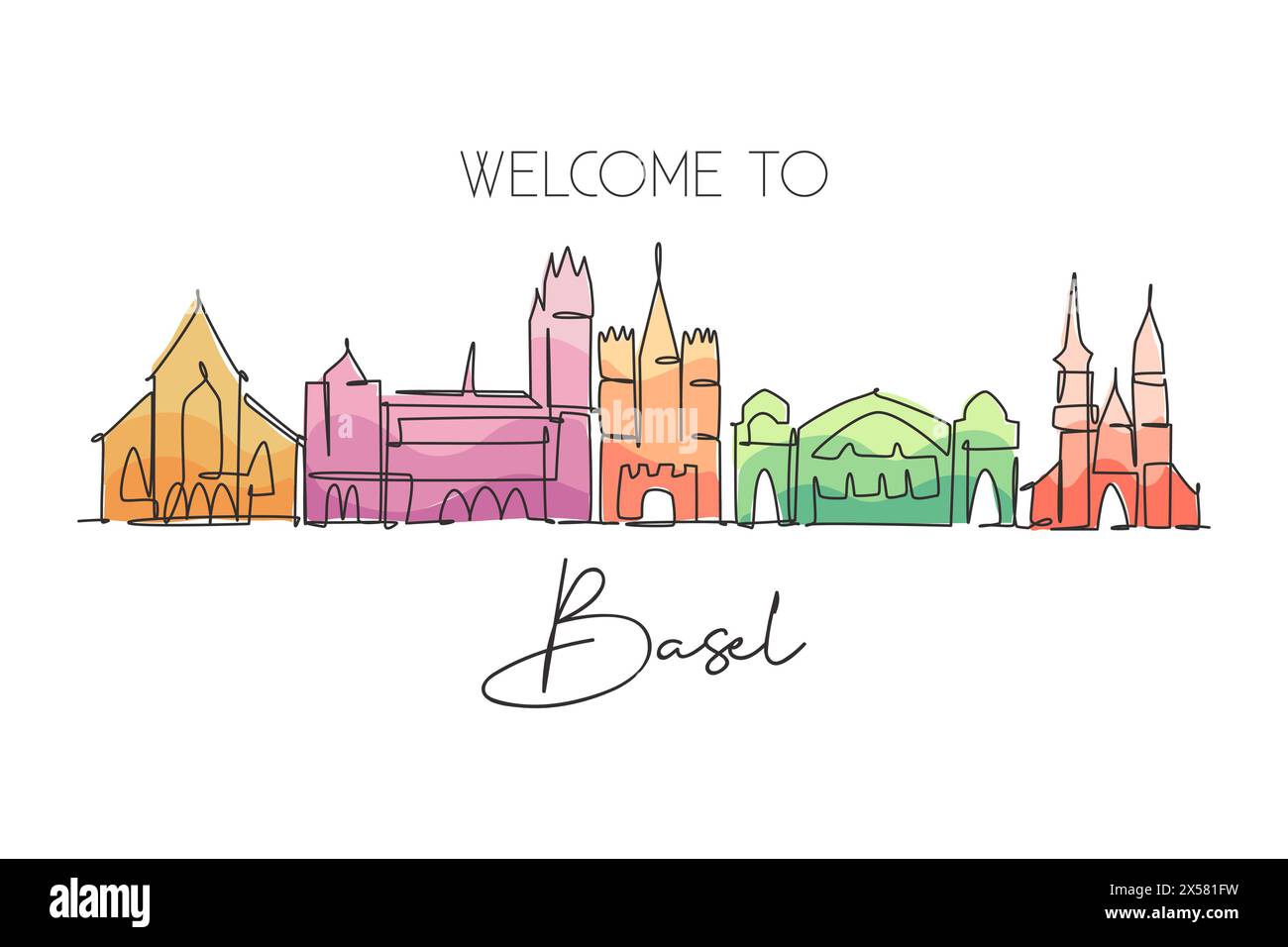 One single line drawing of Basel city skyline, Switzerland. Historical ...